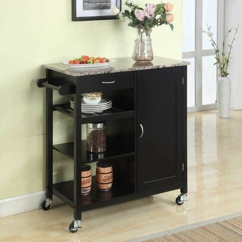 Black Wooden Faux Marble Top Kitchen Cart Rolling Storage Island ...