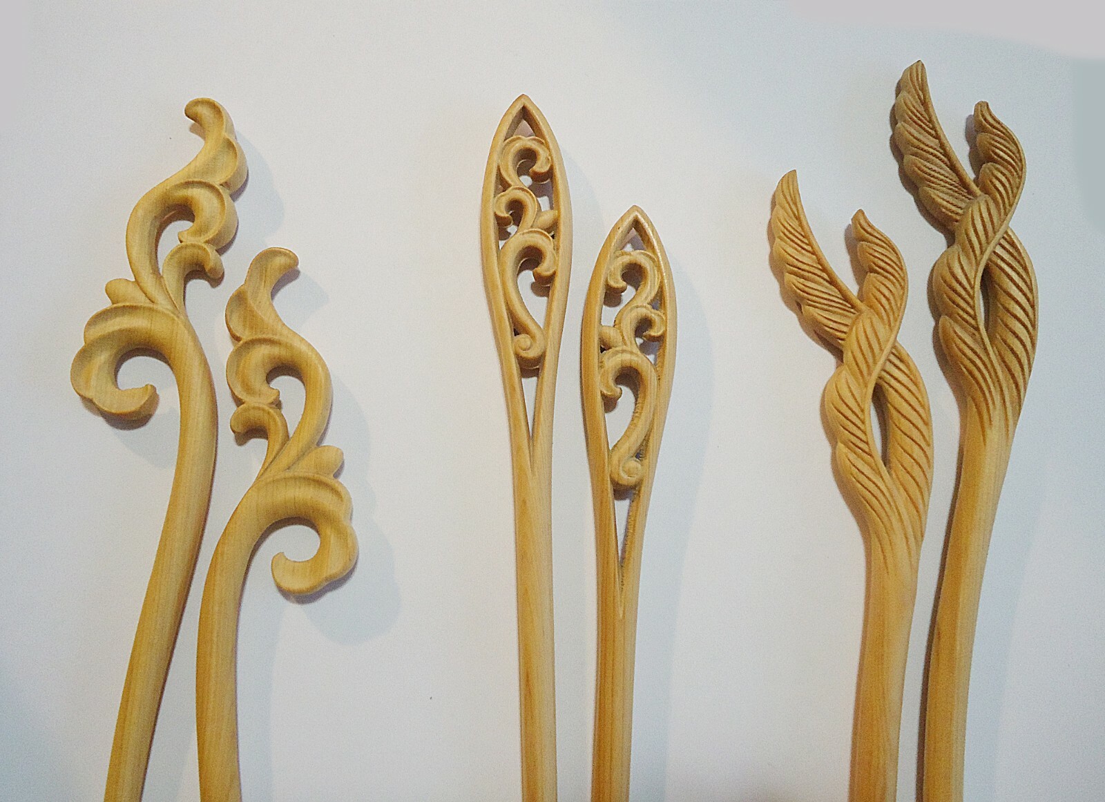 Wooden Hair Sticks - 7" Long - Carved Flourishes and Flowers - Set of 2 ...