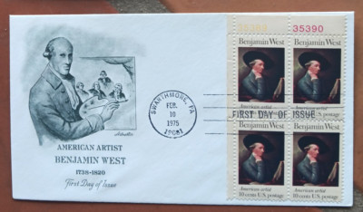 BENJAMIN WEST ARTIST PAINTER ARTMASTER CACHET FDC 1975 PLATE#BLOCK ...