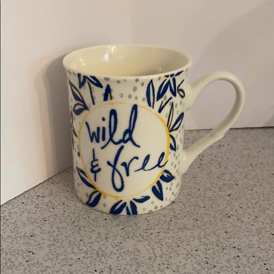Motto Graphic Coffee Mug "Wild & Free" blue & white ceramic carefree ...