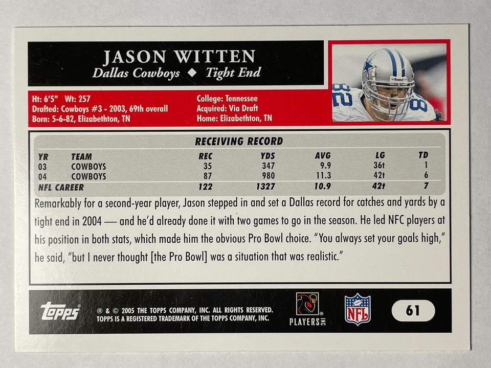 JASON WITTEN Dallas Cowboys 2005 Topps 50th Anniversary Football Card ...