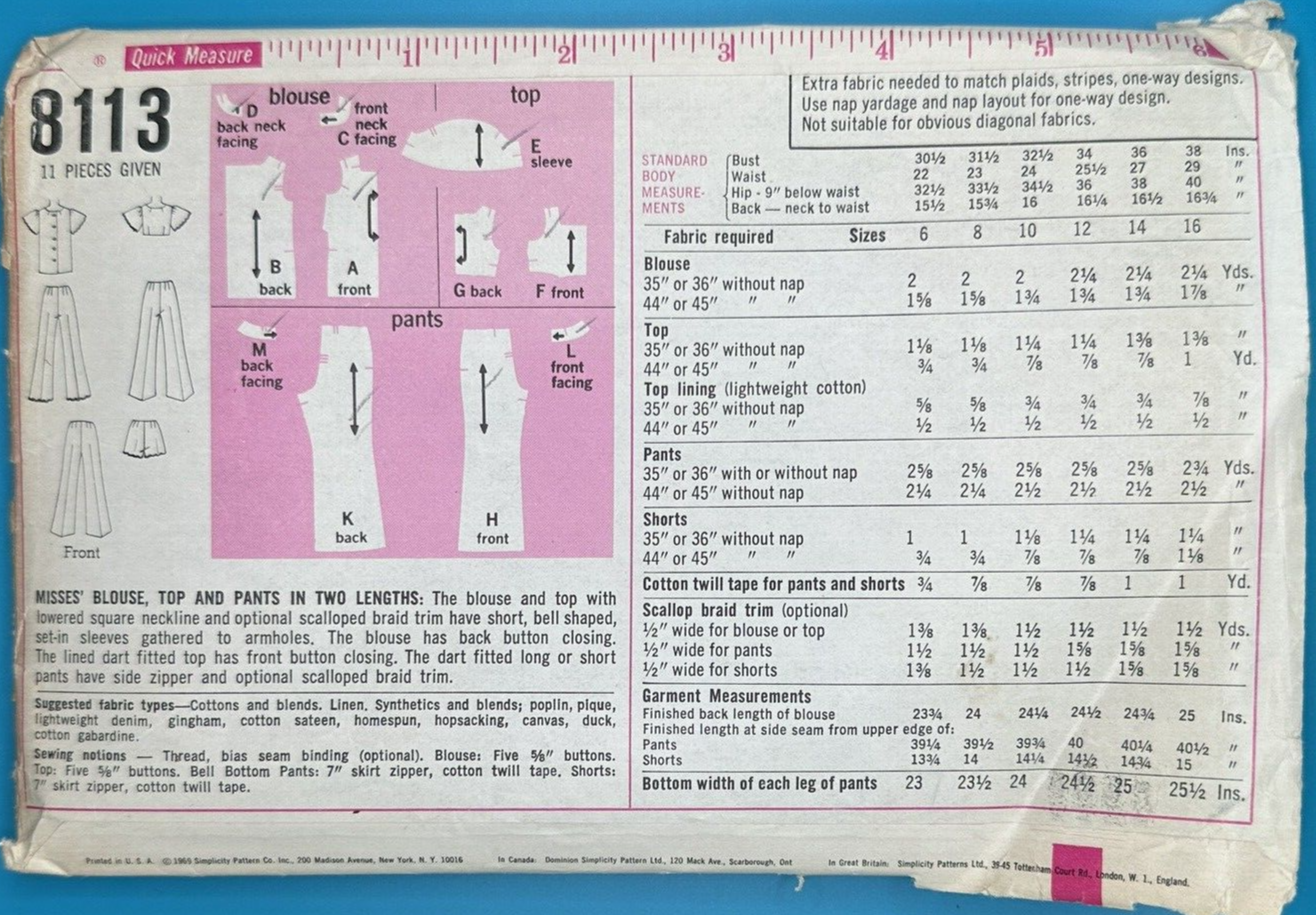 Blouse Crop Top Pants Pattern Simplicity 8113 Size 10 BoHo Hippie 1960 ...