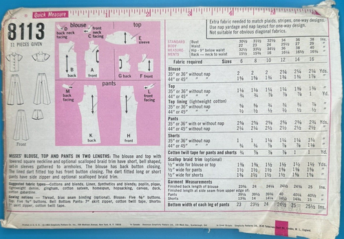 Blouse Crop Top Pants Pattern Simplicity 8113 Size 10 BoHo Hippie 1960 ...