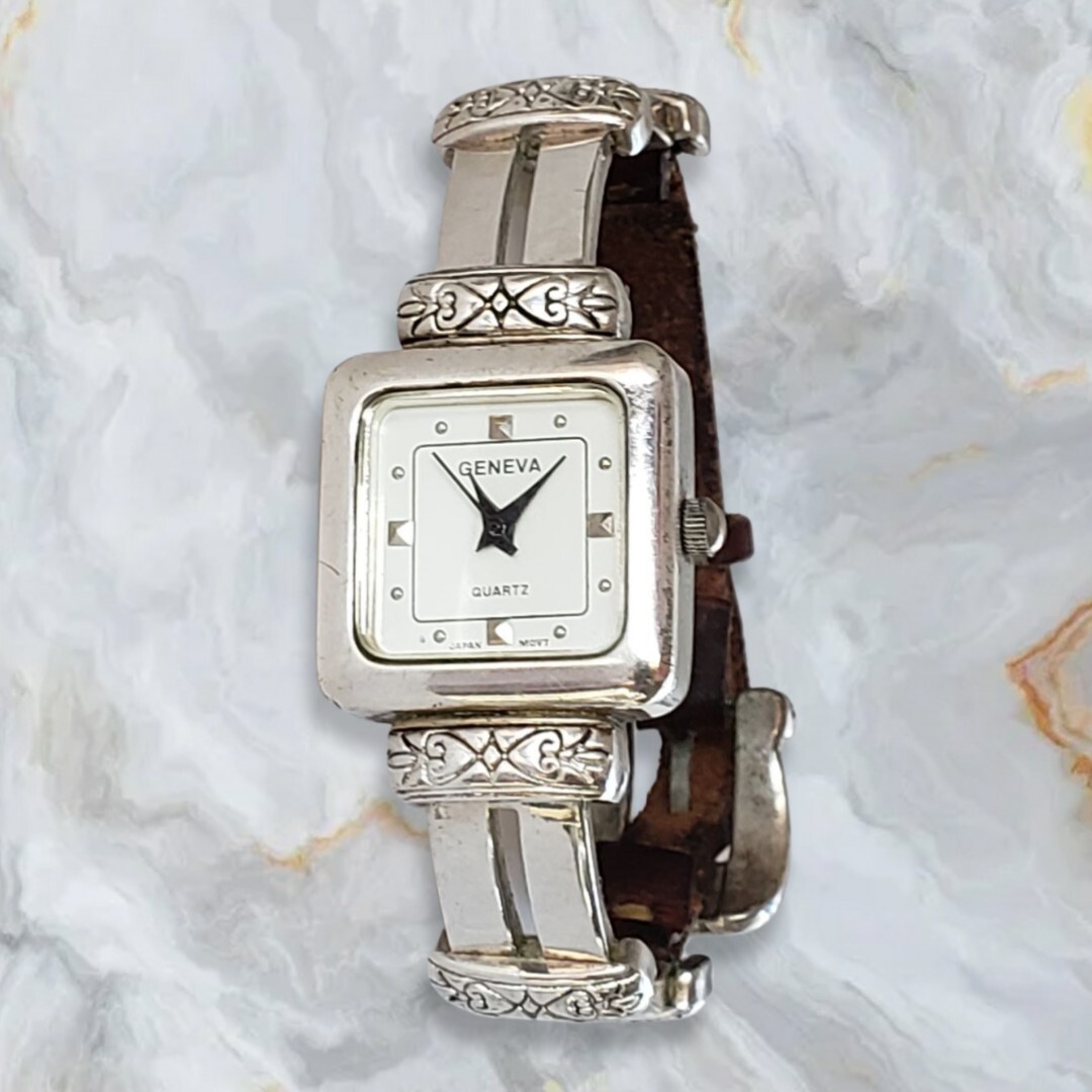 Geneva Elite Quartz Square Silver Tone Leather Band Southwestern Style ...