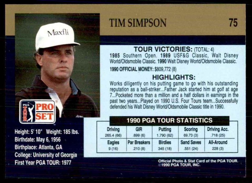 1990 Pro Set Tim Simpson Golf Cards #75 | eBay