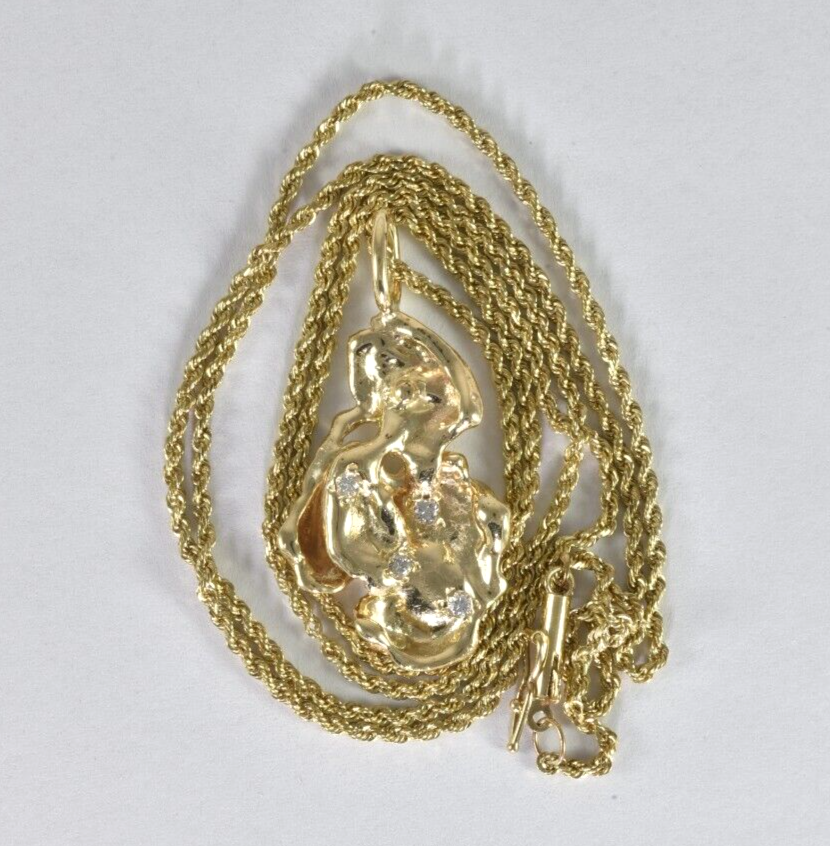 SOLID 13K Gold Nugget Pendant 10k Gold Rope Chain Natural Diamonds ...