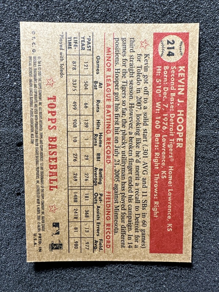 KEVIN HOOPER #214 2007 Topps '52 Rookies QTY Detroit Tigers Short Print ...