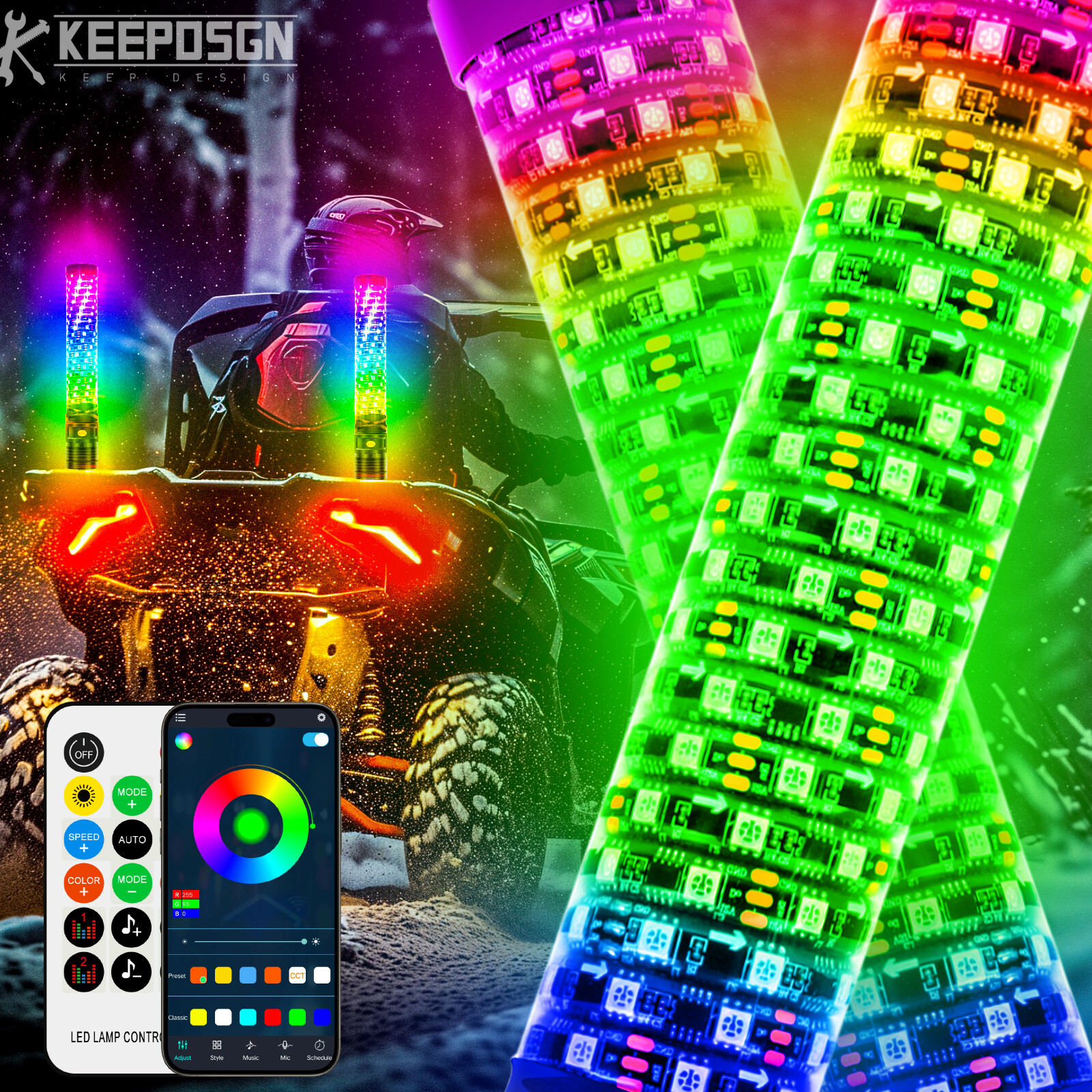 2PCS 2FT Spiral LED Fat Whip Light Antenna RGB Chasing For Can-am X3 ...