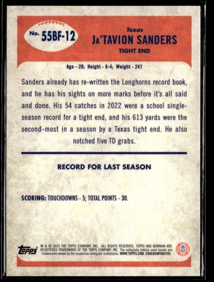 2023 Bowman Chrome University 1955 Ja'Tavion Sanders Texas Longhorns ...