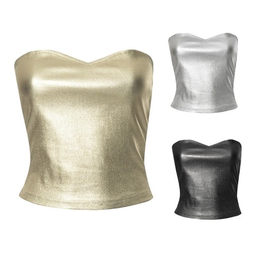 Women Metallic Bodycon Crop Tube Top Strapless Backless Bustiers ...