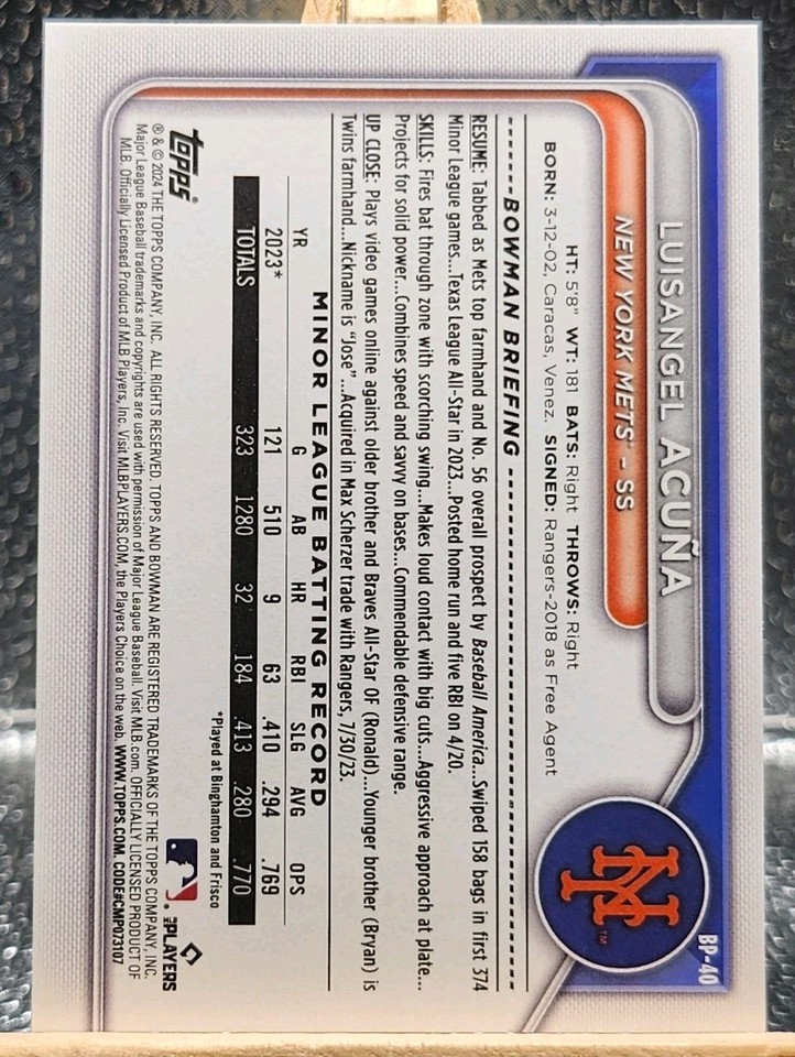 LUISANGEL ACUNA 2024 Bowman Baseball #BP-40 BOWMAN PROSPECT CARD New York Mets | eBay