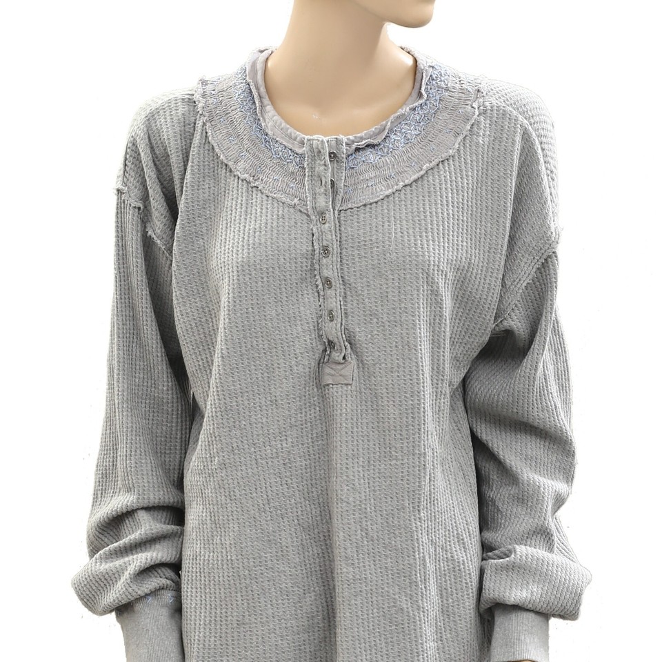 Free People We The Free Holly Henley Tunic Thermal Top Embroidered L ...