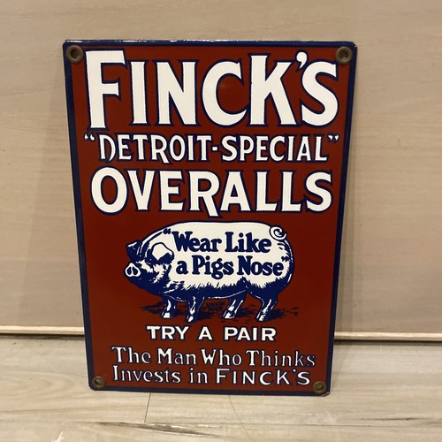 VINTAGE FINCKS PORCELAIN SIGN DETROIT OVERALLS PANTS WORKER CLOTHING ...