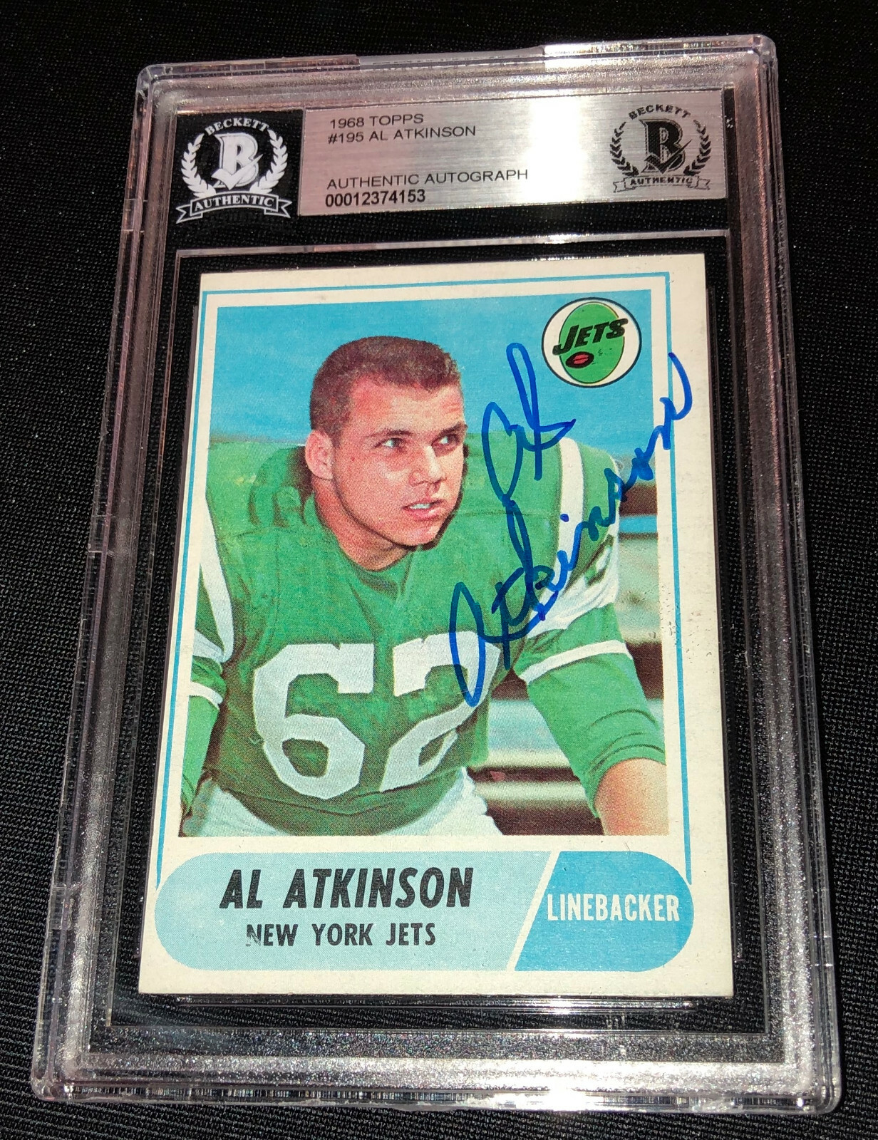 AL ATKINSON SIGNED 1968 TOPPS #195 NEW YORK JETS CARD BECKETT ...
