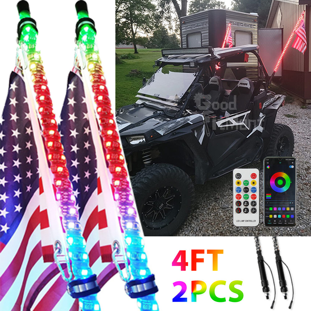 2PCS 4ft Spiral LED Whip Light Antenna For ATV Polaris RZR 4Wheeler RGB ...
