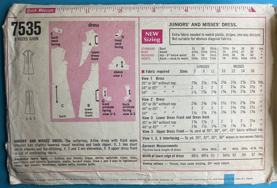 Collarless A-Line Dress Pattern Simplicity 7535 Size 9 Junior 1960's ...