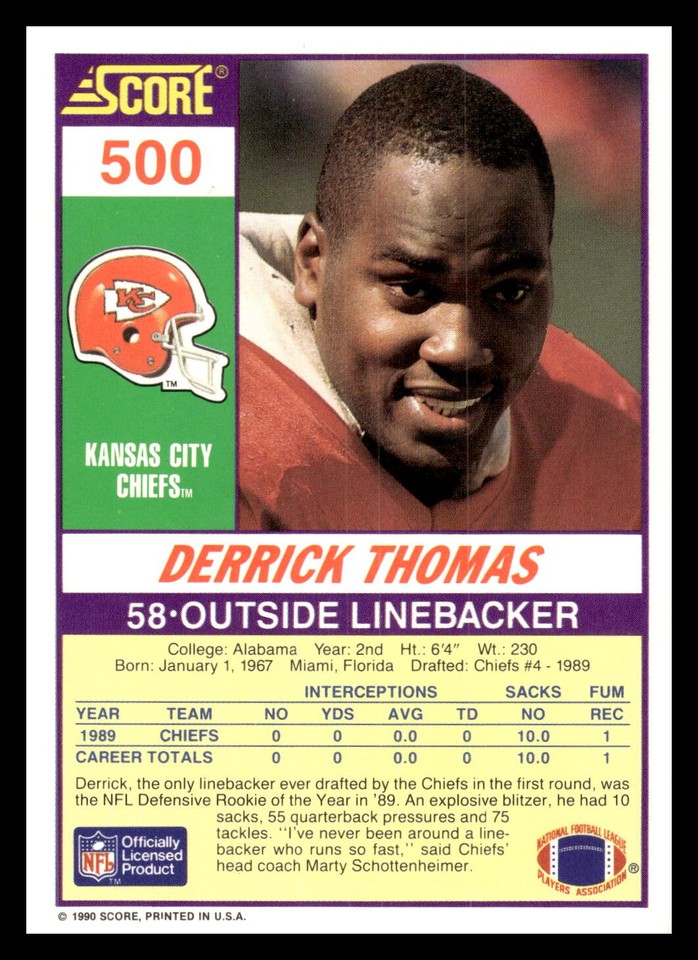 1990 Score #500 Derrick Thomas Kansas City Chiefs Football Card EX/NM ...