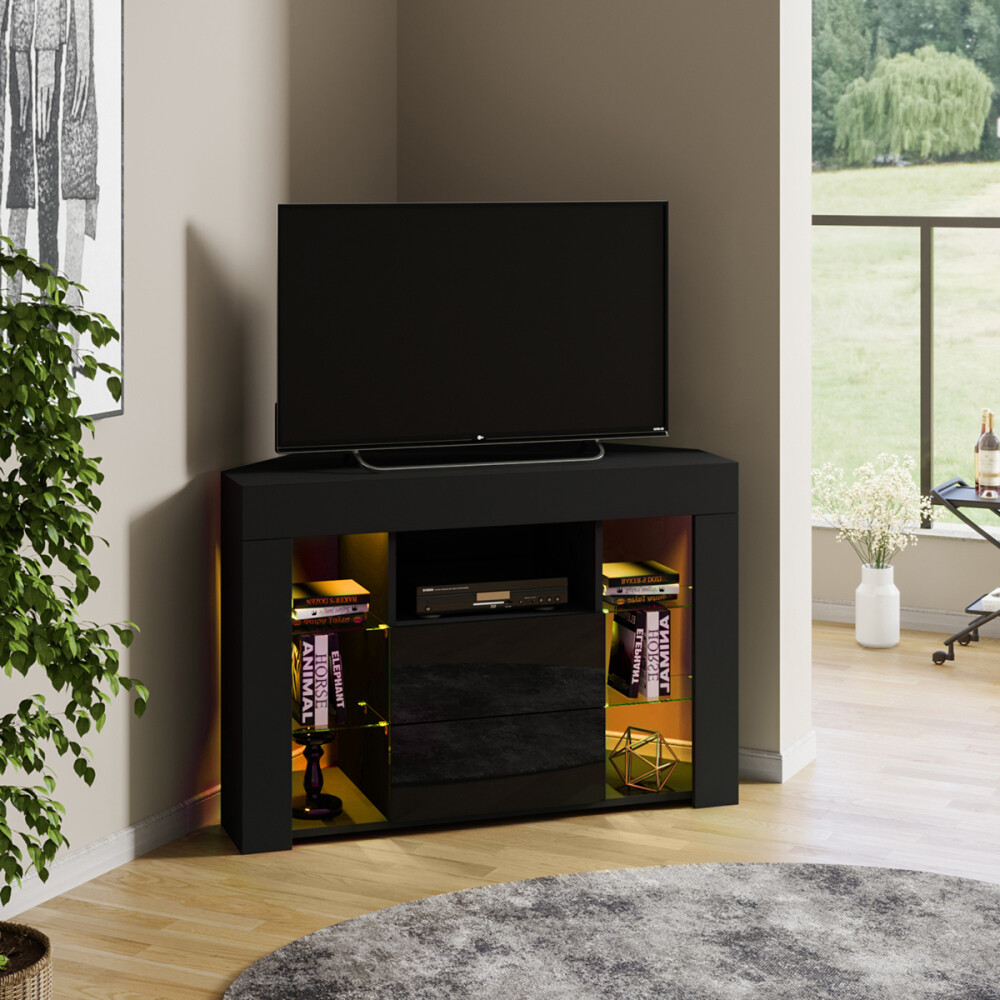 Modern Corner TV Stand High Gloss & Matt Body Unit Cabinet LED Light 2 ...
