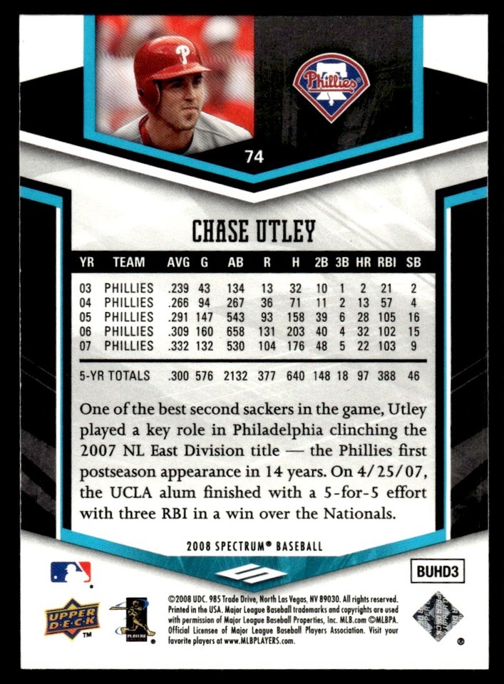 2008 Upper Deck Spectrum Baseball Card Chase Utley Philadelphia ...