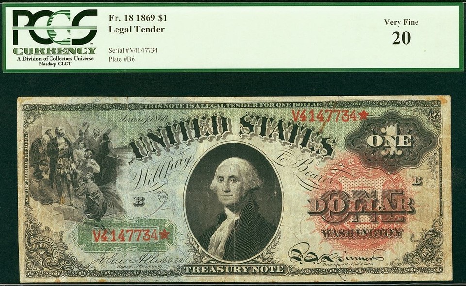 1869 $1 Treasury Note - Rainbow - PCGS Very-Fine 20 - Allison-Spinner ...