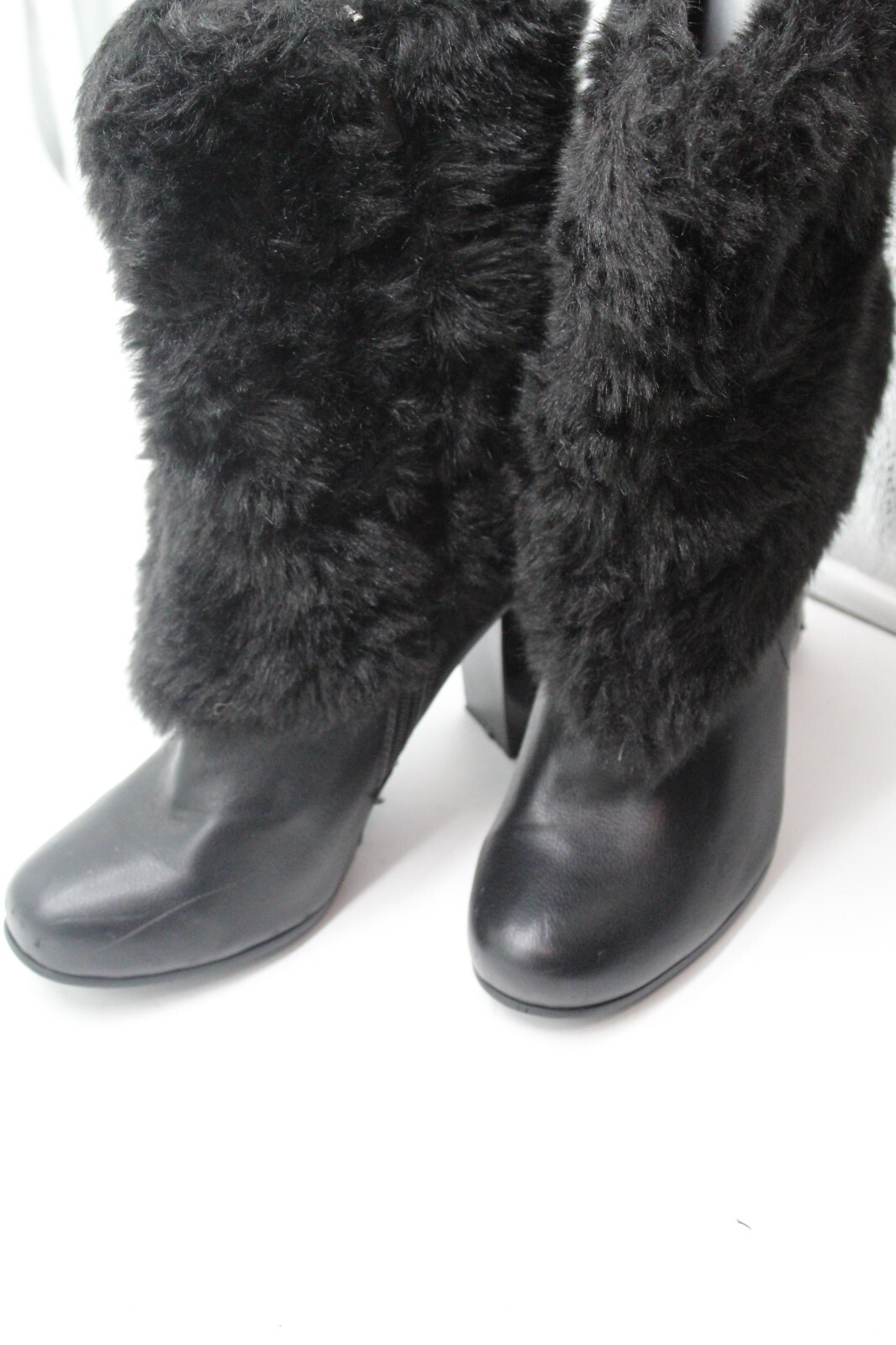 Nancy Li High Heeled Black Faux Leather Boots with Furry Shaft ...