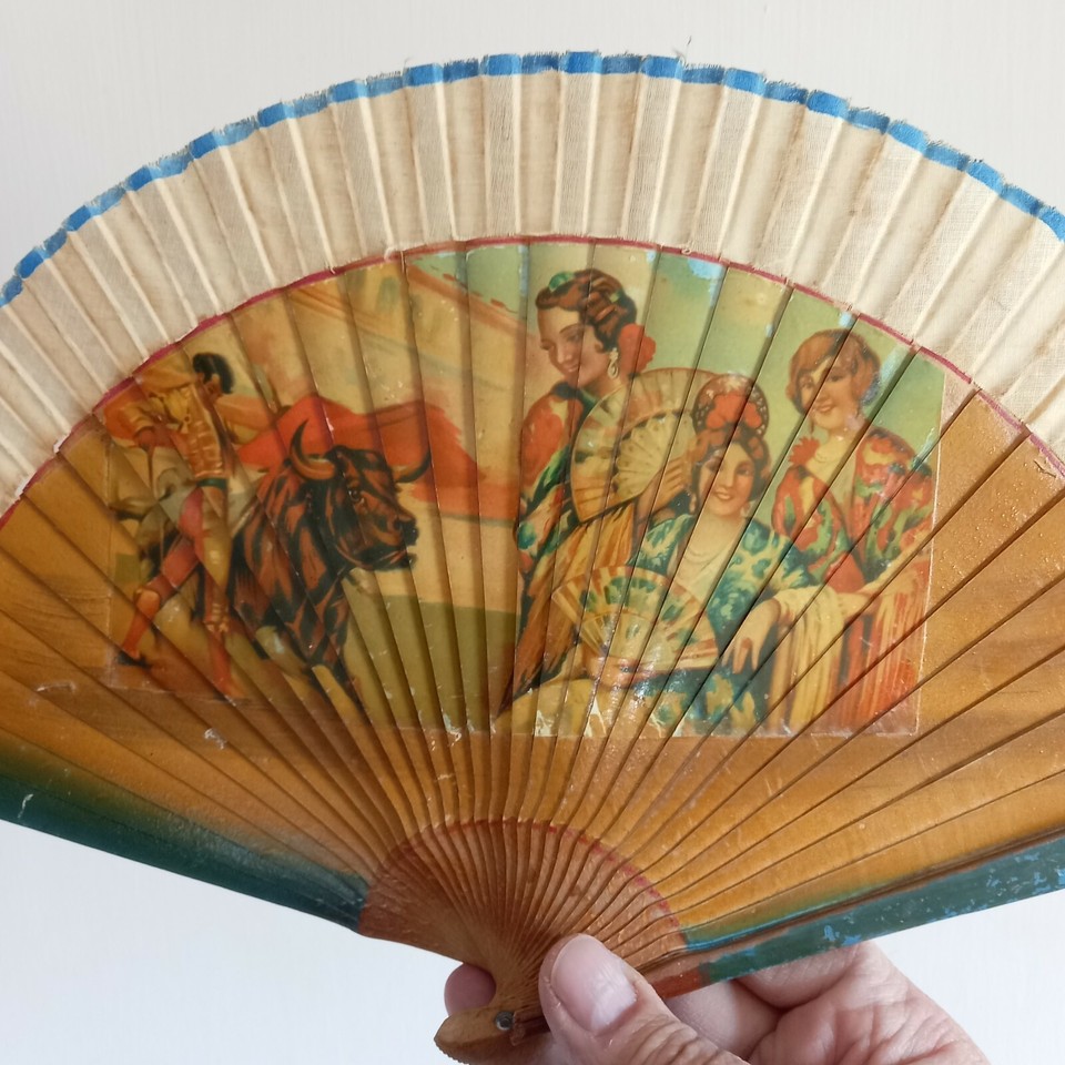 Antique Victorian Hand Fan Spanish /Cloth Sandalwood Bullfighting Old ...