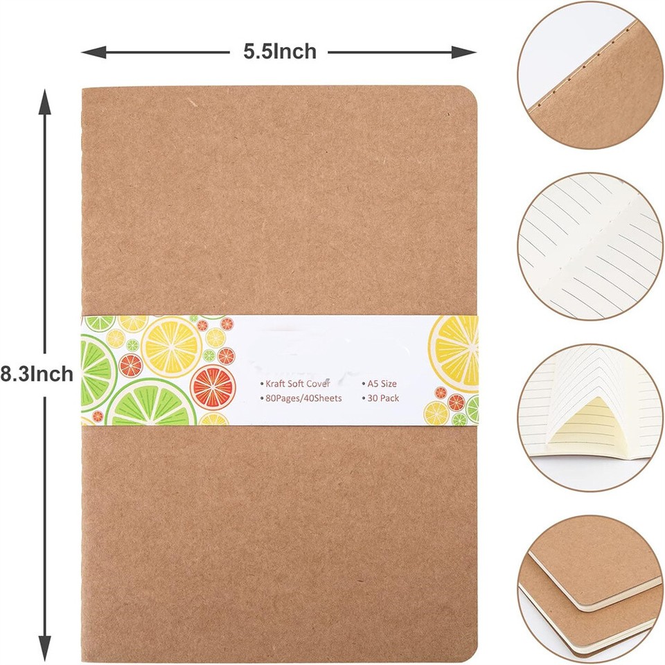 30 Pack Lined A5 Kraft Notebooks 80 Pages Journal for Writing Work ...