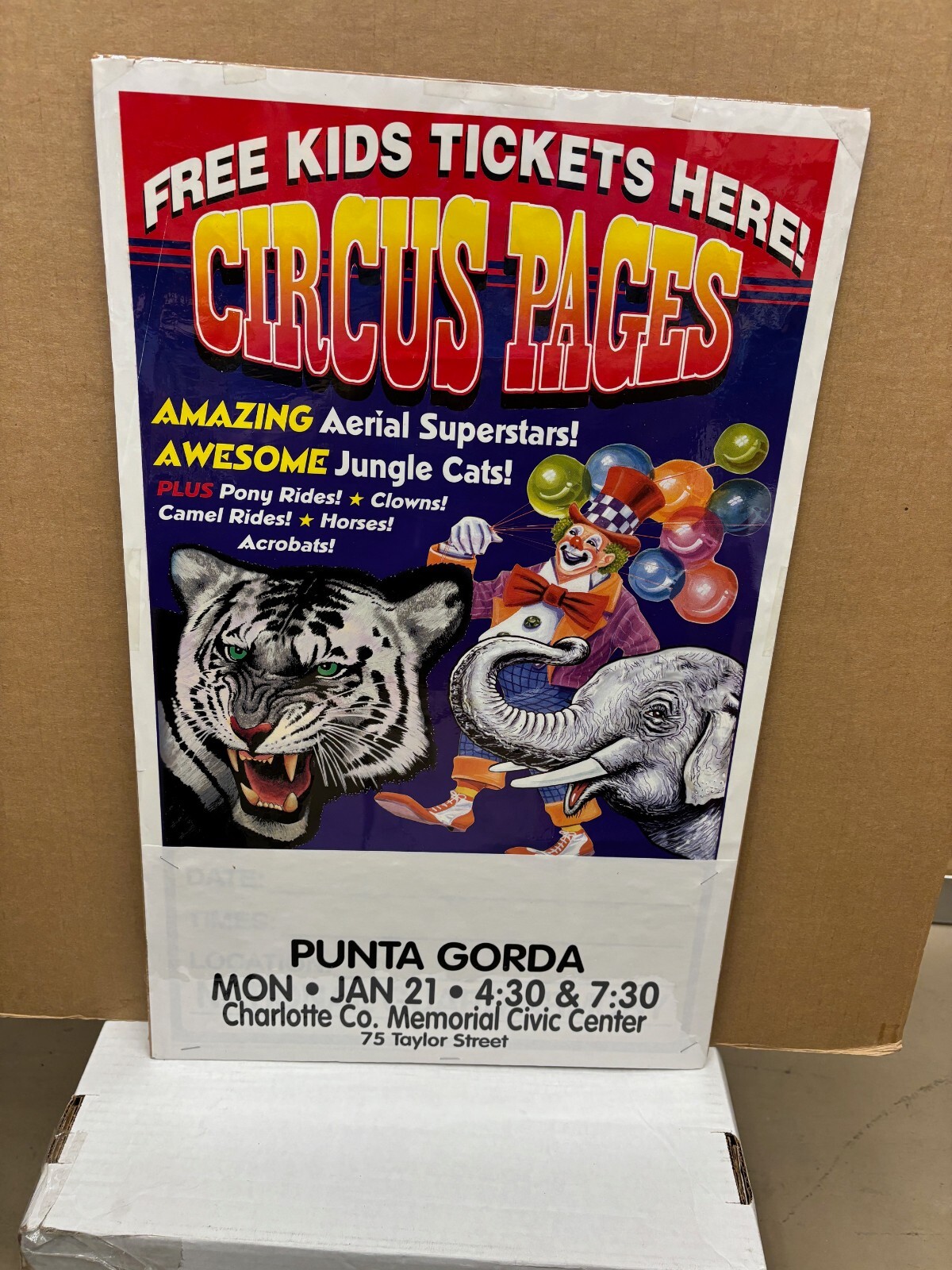 VINTAGE CIRCUS PAGES POSTER 14"X22" WHITE TIGER ELEPHANT CLOWN/PUNTA ...