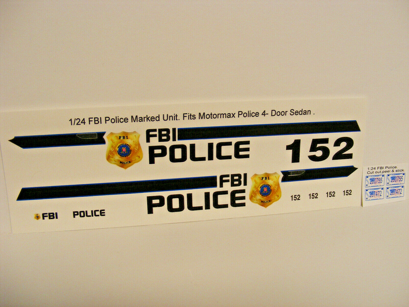FBI Marked Unit Police 1:24 Water Slide Decals Fits Motormax 4- Door ...