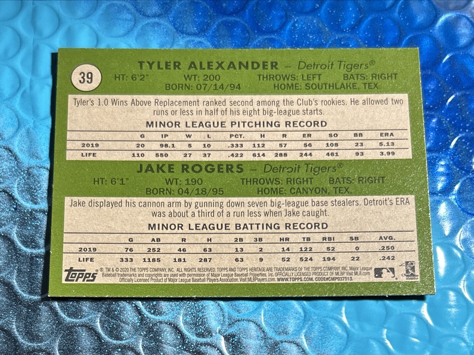 2020 Topps Heritage Tyler Alexander/ Jake Rogers RC Rookie Stars ...