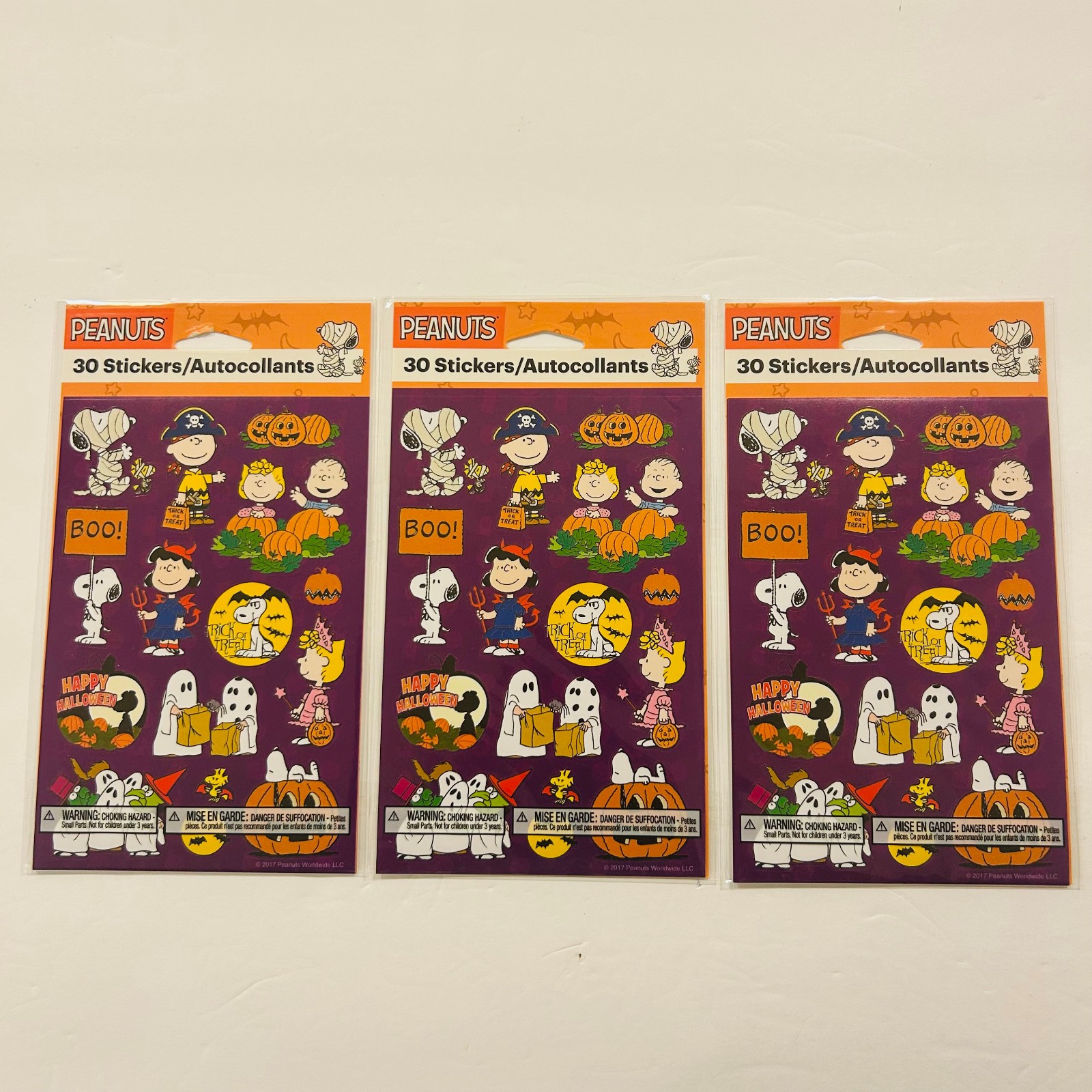 PEANUTS HALLOWEEN theme Sticker Sheet 3 pk CHARLIE BROWN SNOOPY LUCY ...