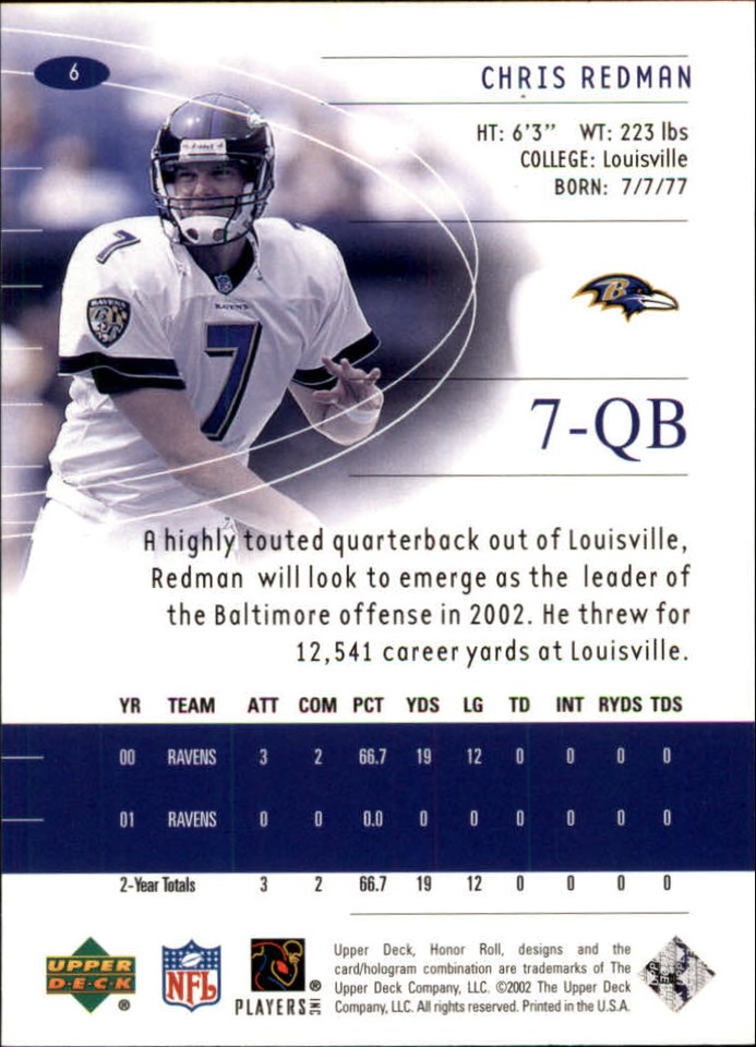 2002 Upper Deck Honor Roll Football Card #6 Chris Redman | eBay