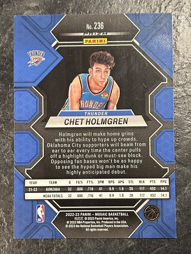 Chet Holmgren 2022-23 Panini Mosaic #236 Yellow Reactive Prizm Rookie ...