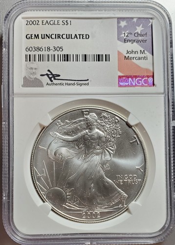 2002 U.S. American Silver Eagle NGC Certified Gem Unc. Signed By John ...
