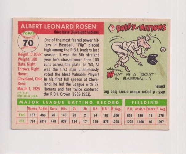 AL ROSEN 1955 TOPPS BASEBALL #70 CLEVELAND INDIANS VINTAGE BASEBALL ...