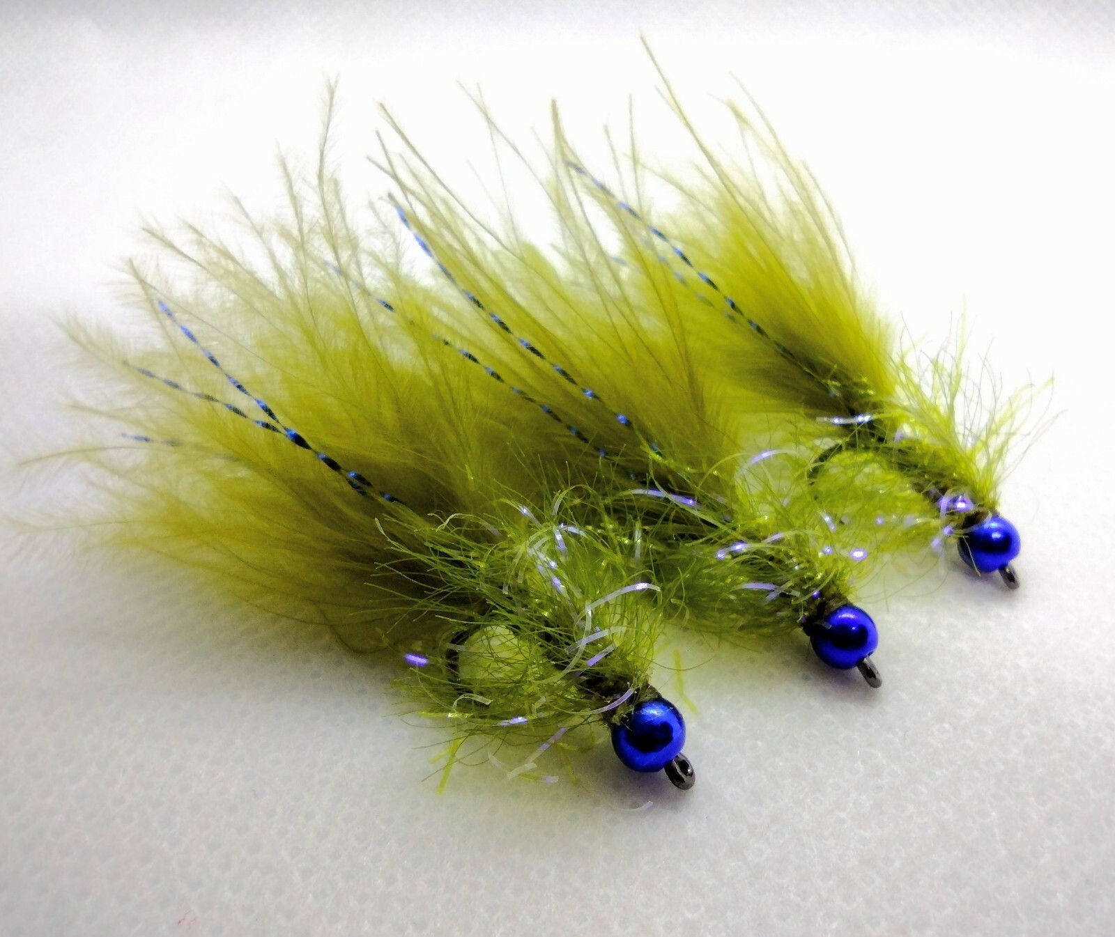 3 x Blue Flash Damsel Fly Olive Marabou UV Fritz Lure Metallic Blue ...