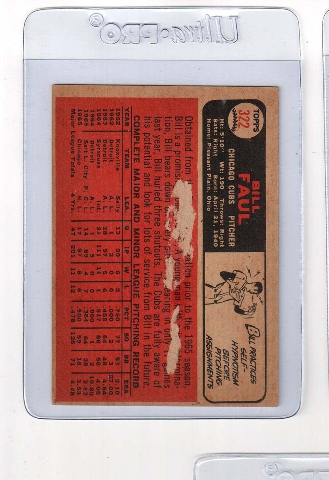 RARE - 1966 Topps Venezuelan Bill Faul #322 Chicago Cubs (Paper loss ...
