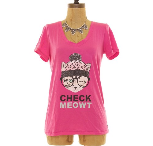 Cozy Zoe MeowT Cat Graphic Top Size S Quirky T-Shirt Checks Hot Pink ...