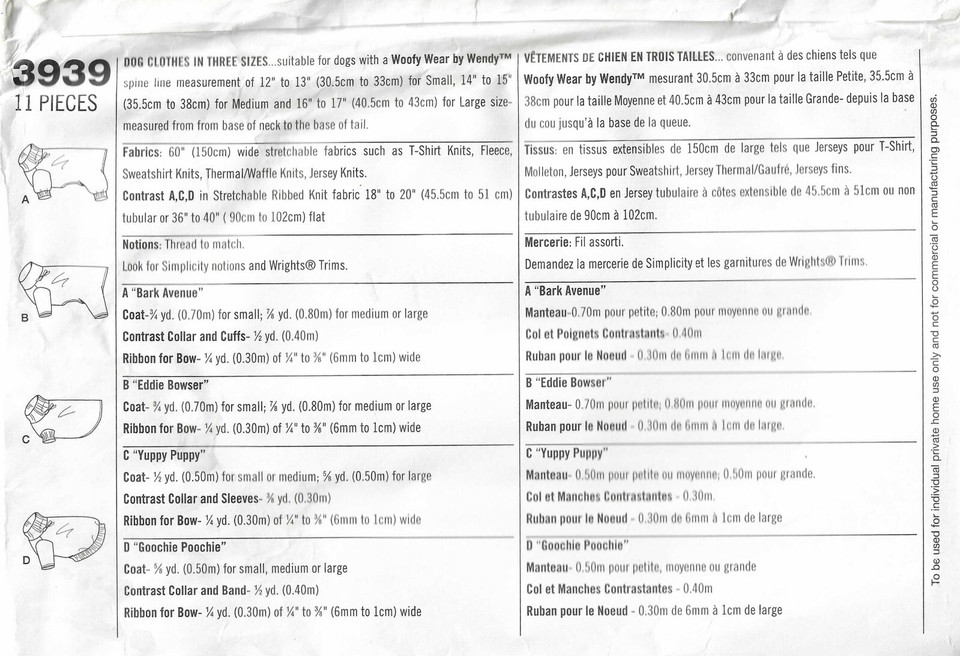 Simplicity 3939 Dog Clothes in 3 Sizes Sewing Pattern Uncut | eBay