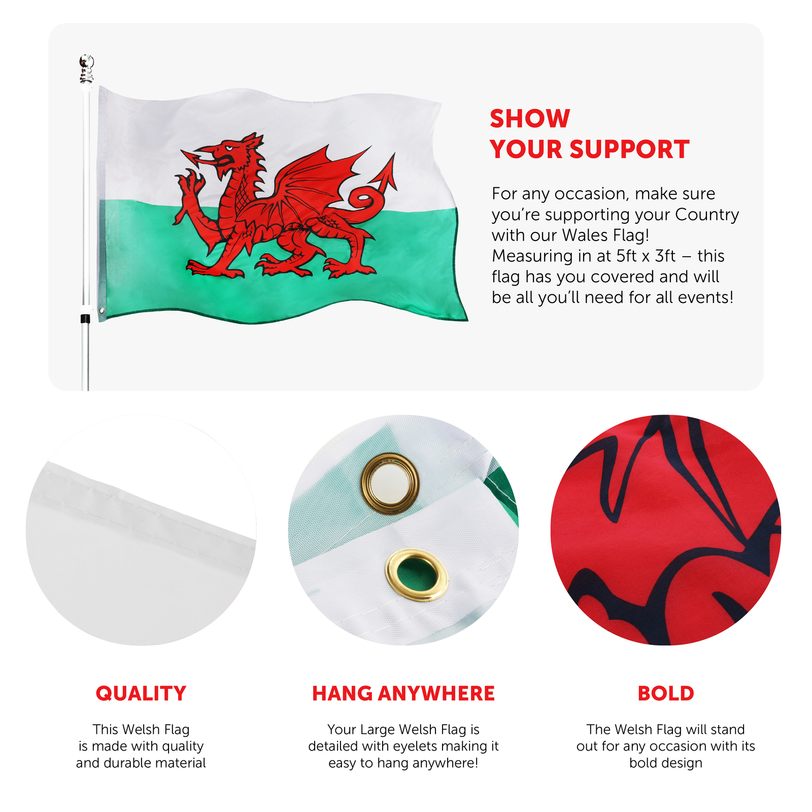 WELSH FLAG 5FT X 3FT WALES NATIONAL FLAGS SPORTS RUGBY FOOTBALL EVENT ...