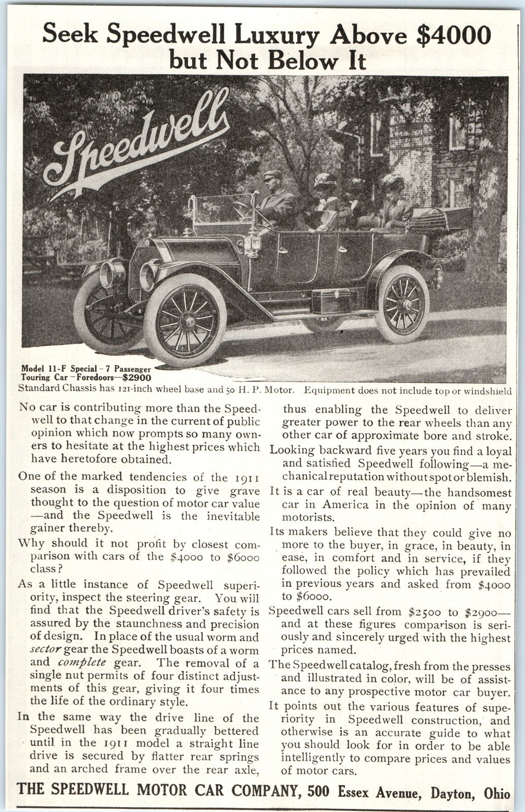 1911 Speedwell Motor Car 11-F Special Touring Car Print Ad Auto 50HP ...