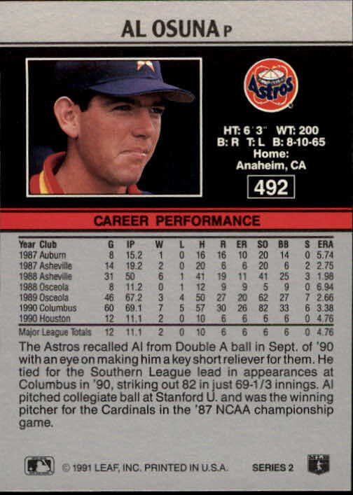 1991 Leaf Baseball Card #492 Al Osuna Rookie | eBay