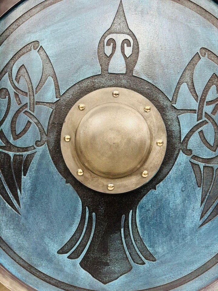 24'' Carved Viking Raven Shield Handcrafted Round Wooden Norse Battle ...