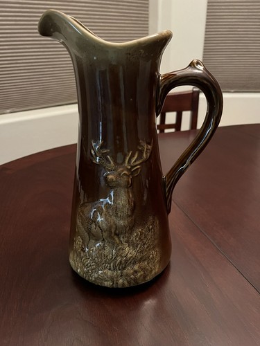 Brown Pitcher Art Pottery With Buck/Elk - Unbranded 12 Inches Tall | eBay