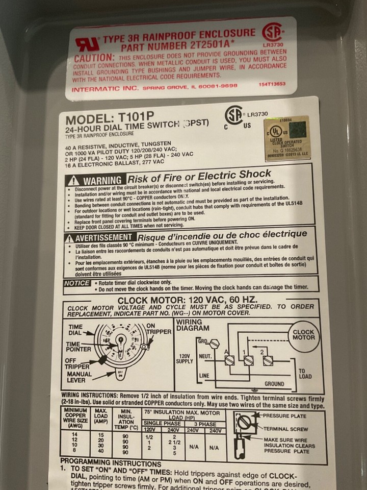 Intermatic T101P 120v Timer Switch 40A Type 3R Rainproof Enclosure New ...