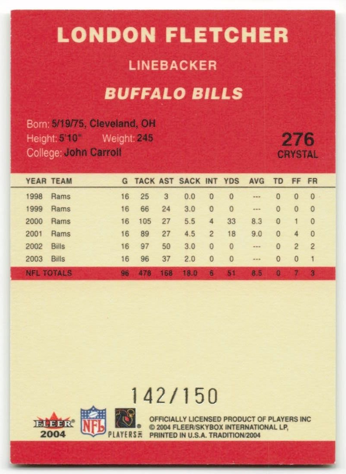 2004 Fleer Tradition London Fletcher /150 #276 Buffalo Bills | eBay