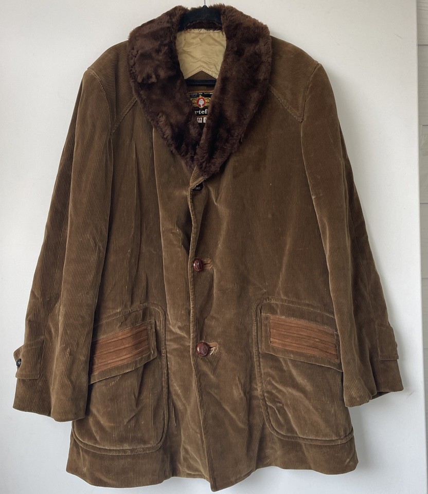 Vintage Cortefiel Corduroy Coat Womens EU 44 US L Brown Faux Fur Collar ...