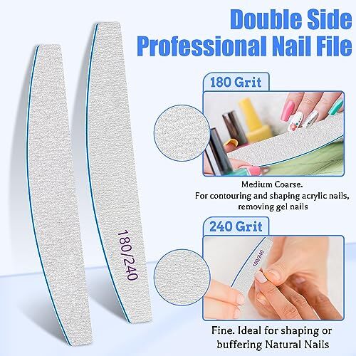 Nail File 12 PCS Professional Reusable 180/240 Grit Nails Edge/Natural ...