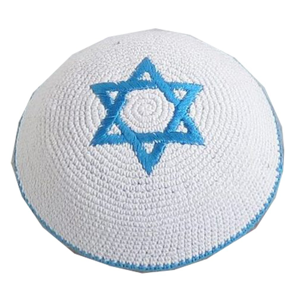 Blue White Star Of David Knitted Yarmulke Kippah 16 cm Jewish Kippa Hat ...