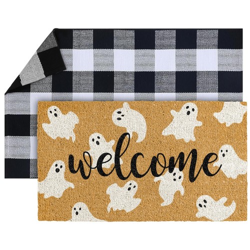 2 Pcs Halloween Door Mat Combo Set - 17 x 30 Inch Ghost Welcome Coir ...